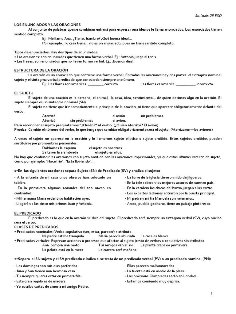 Repaso Sintaxis 2ESO | PDF | Asunto (gramática) | Predicado (Gramática)