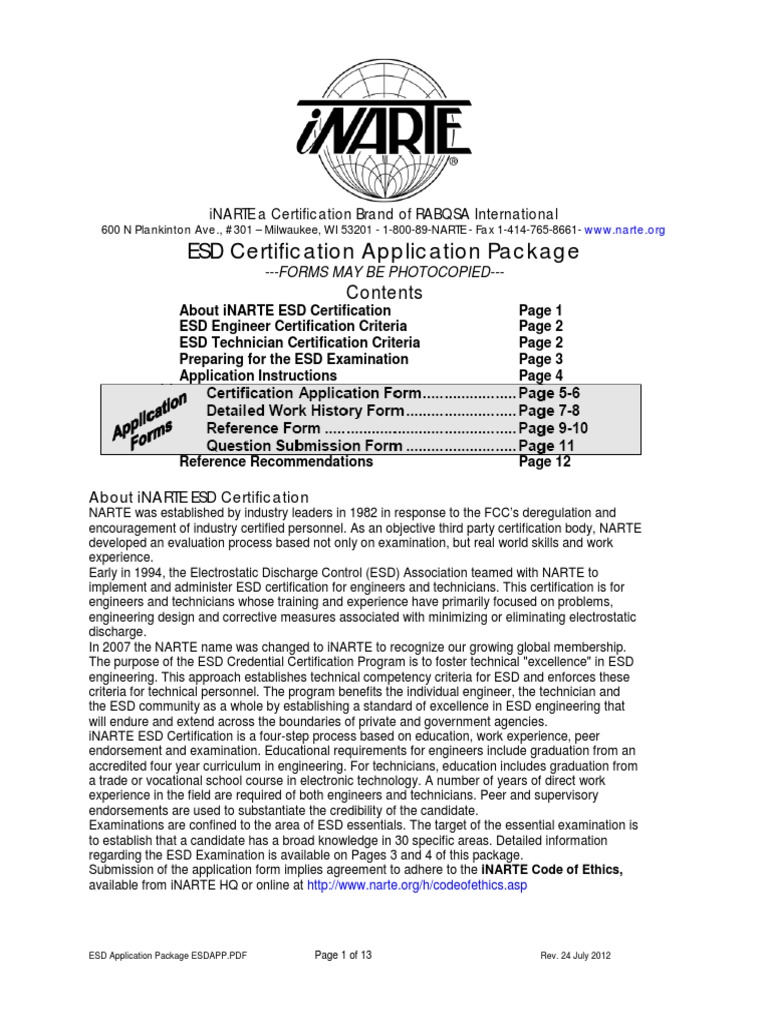 ESD Certification Application Package: - Forms May Be Photocopied ...