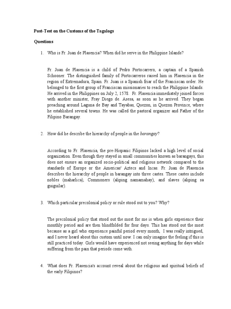 Post-Test On The Customs of The Tagalogs Questions | PDF | Social ...