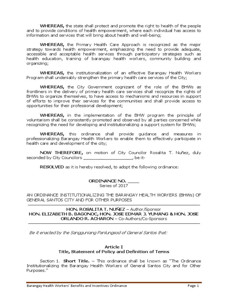 Barangay Health Workers' Benefits and Incentives Ordinance | Download ...