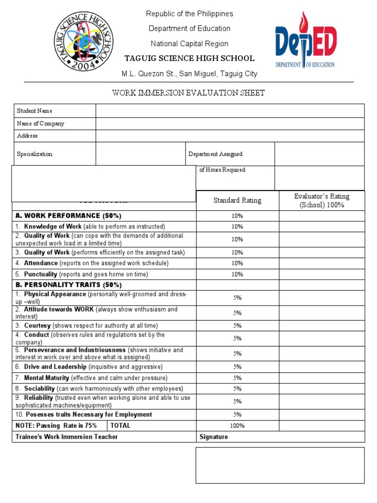 Work Immersion Evaluation Sheet | PDF | Behavioural Sciences | Applied Psychology