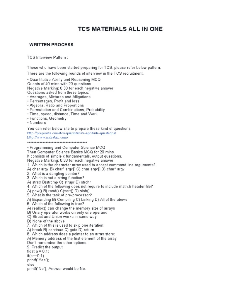 TCS Interview Preparation Guide | PDF | Subroutine | Pointer (Computer Programming)
