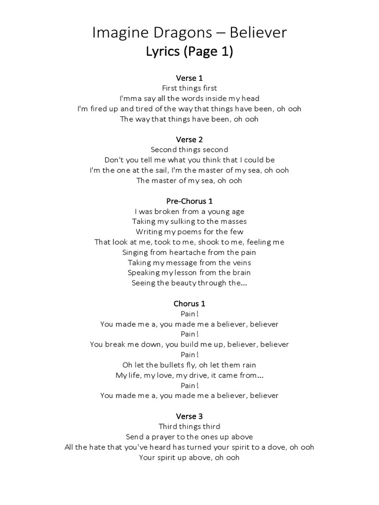 Imagine Dragons Believer Lyrics Page 1 Pdf Song Structure