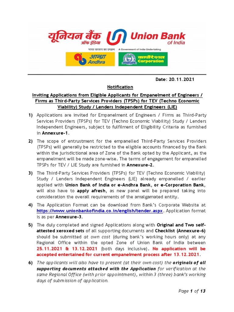 Union Bank India Notification TEV LIE Empanelment 21 22 | PDF ...