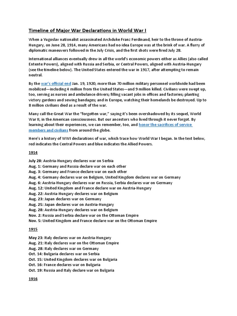 Timeline of Major War Declarations in World War I: War's Official End ...