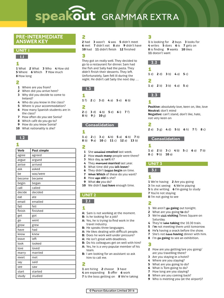 Speakout Grammar Extra Pre Intermediate Answer Key | PDF