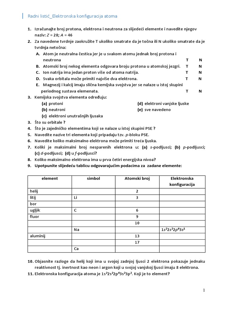 Radni Listić - Elektronska Konfiguracija Atoma | PDF