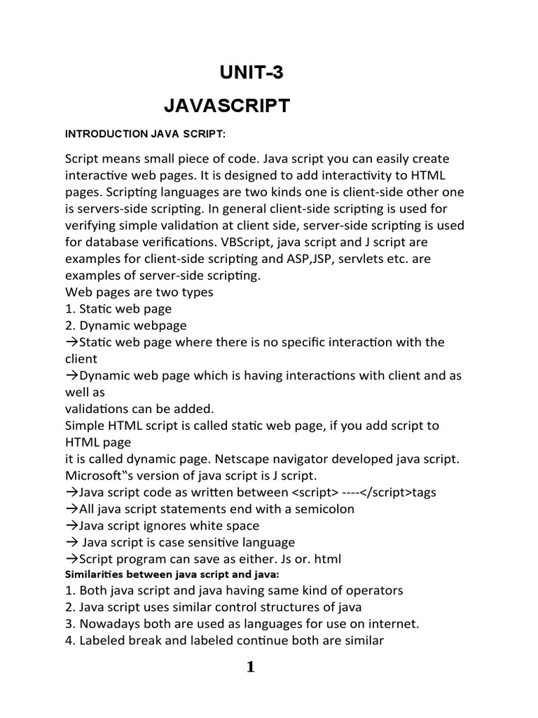 UNIT-3 Javascript: Introduction Java Script | PDF | Dynamic Web Page ...