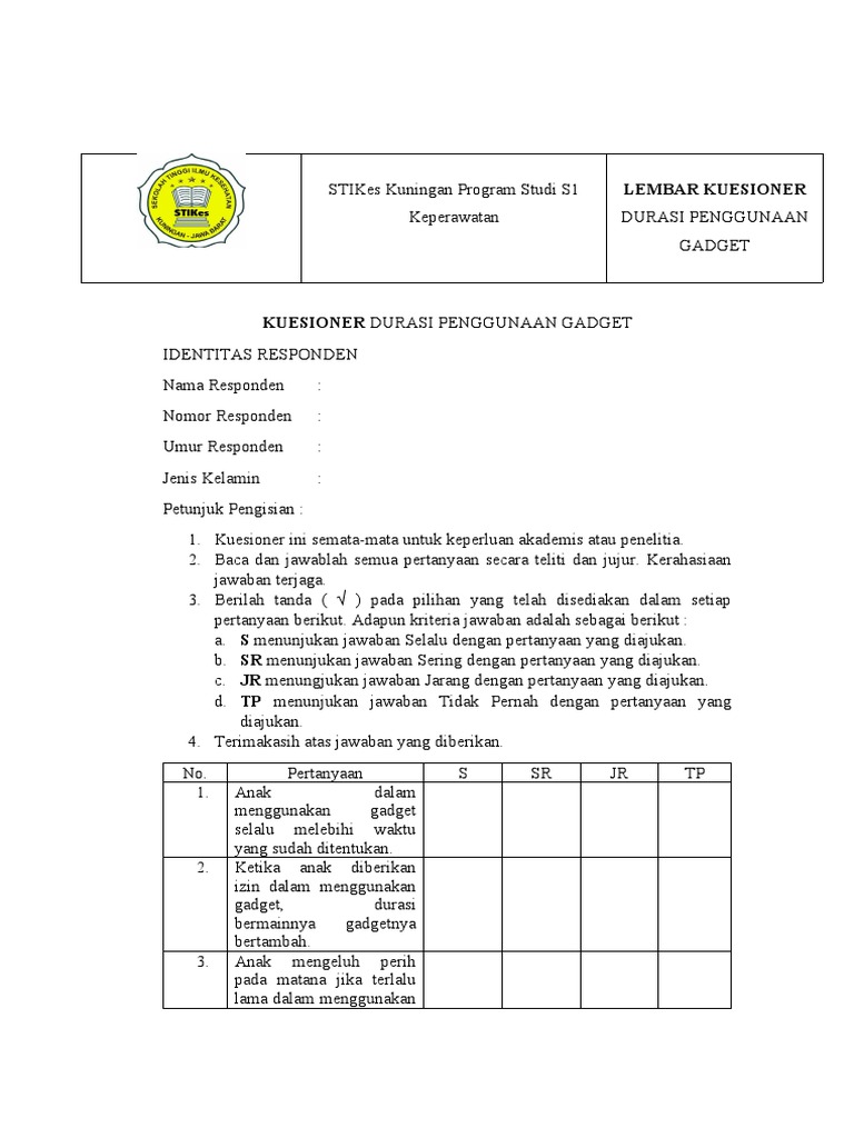 Kuisioner Durasi Penggunaan Gadget | PDF | Karier & Perkembangan | Game & Aktivitas