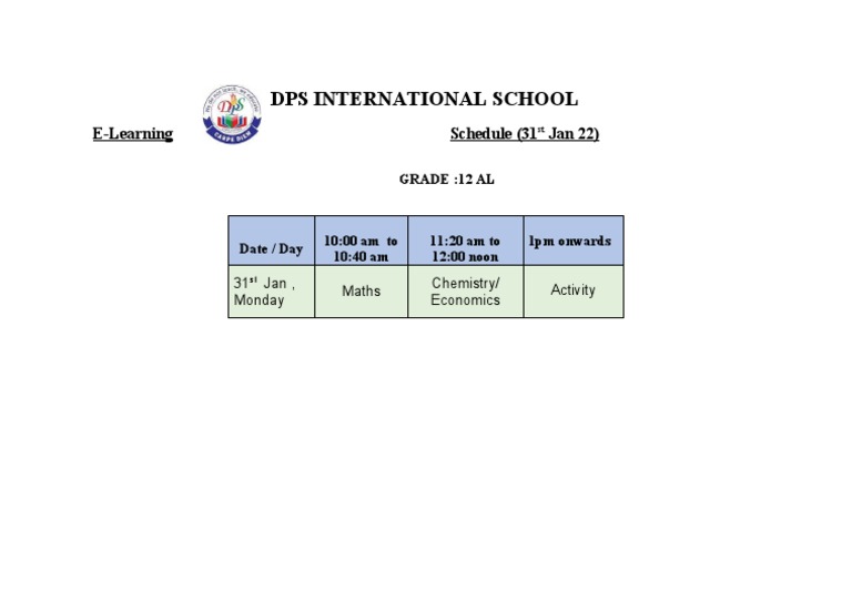 Dps International School: E-Learning Schedule (31 Jan 22) | PDF
