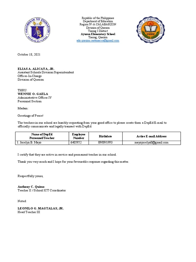 DepEd Email Request Letter Ayusan | PDF