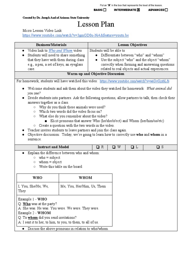 Lesson Plan: Business/Materials Lesson Objectives | PDF | Lesson Plan ...