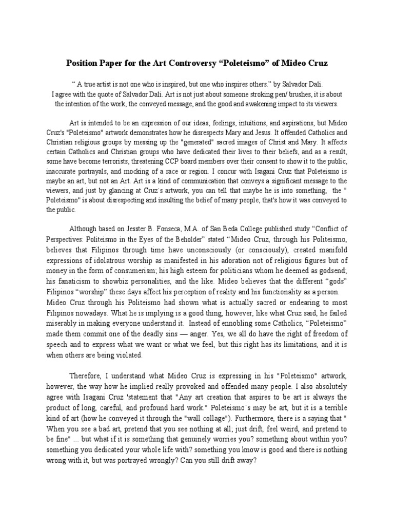 Position Paper For The Art Controversy "Poleteismo" of Mideo Cruz | PDF ...