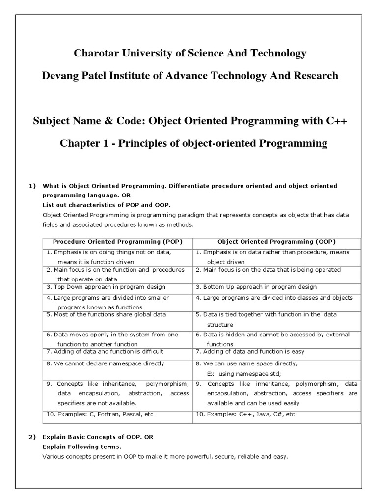 Chapter Wise Question and Answer OOPC | PDF | Class (Computer Programming) | Object Oriented ...
