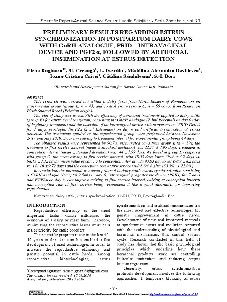 Preliminary Results Regarding Estrus Synchronization In Postpartum Dairy Cows With Gnrh Analogue