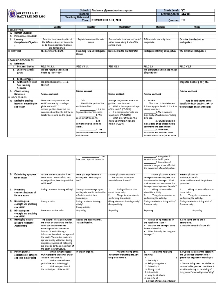 Grade 6 DLL Science 6 q3 Week 1 | PDF | Earthquakes | Plate Tectonics