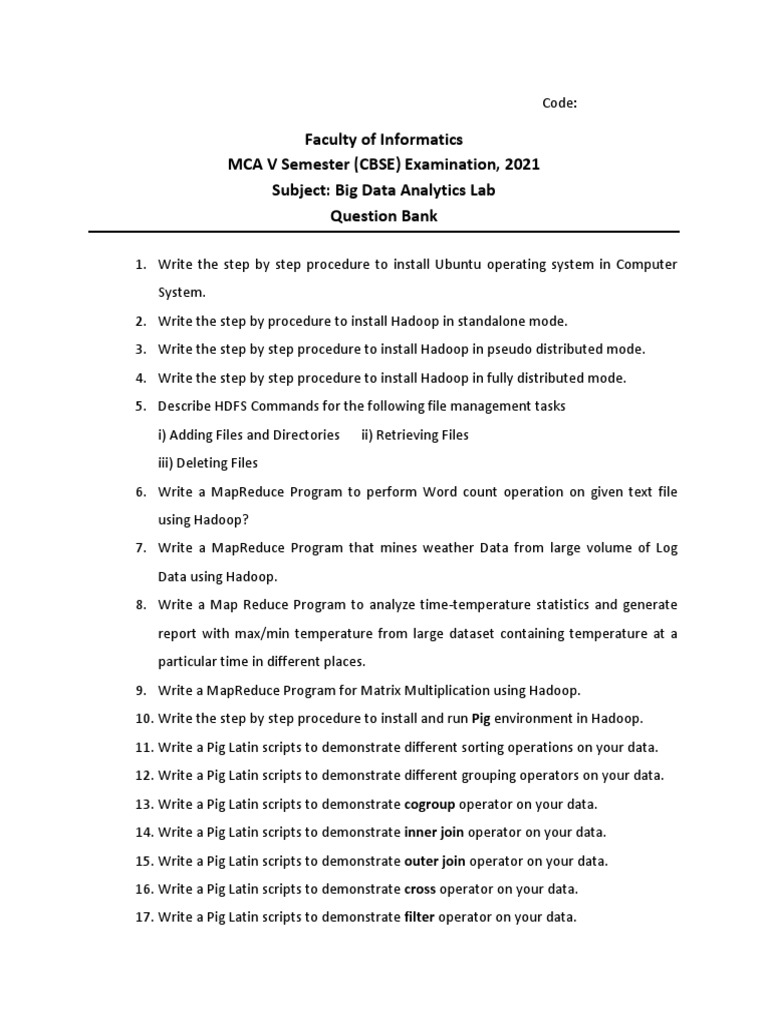 Big Data Analytics Lab Question Bank | PDF | Apache Hadoop | Map Reduce