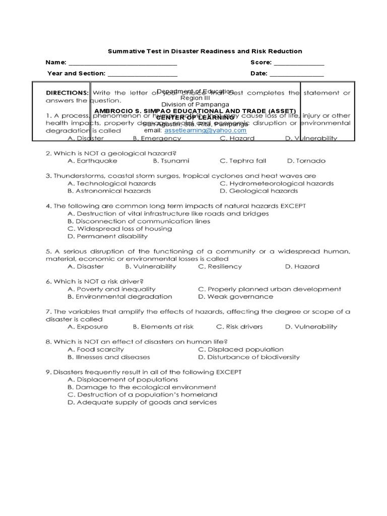 Summative Test in Disaster Readiness and Risk Reduction | PDF