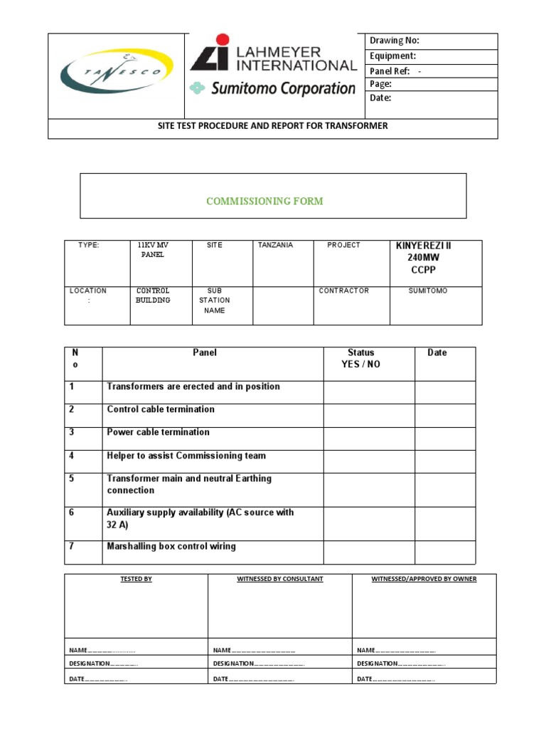 Site Test Procedure and Report For Transformer: Commissioning Form ...