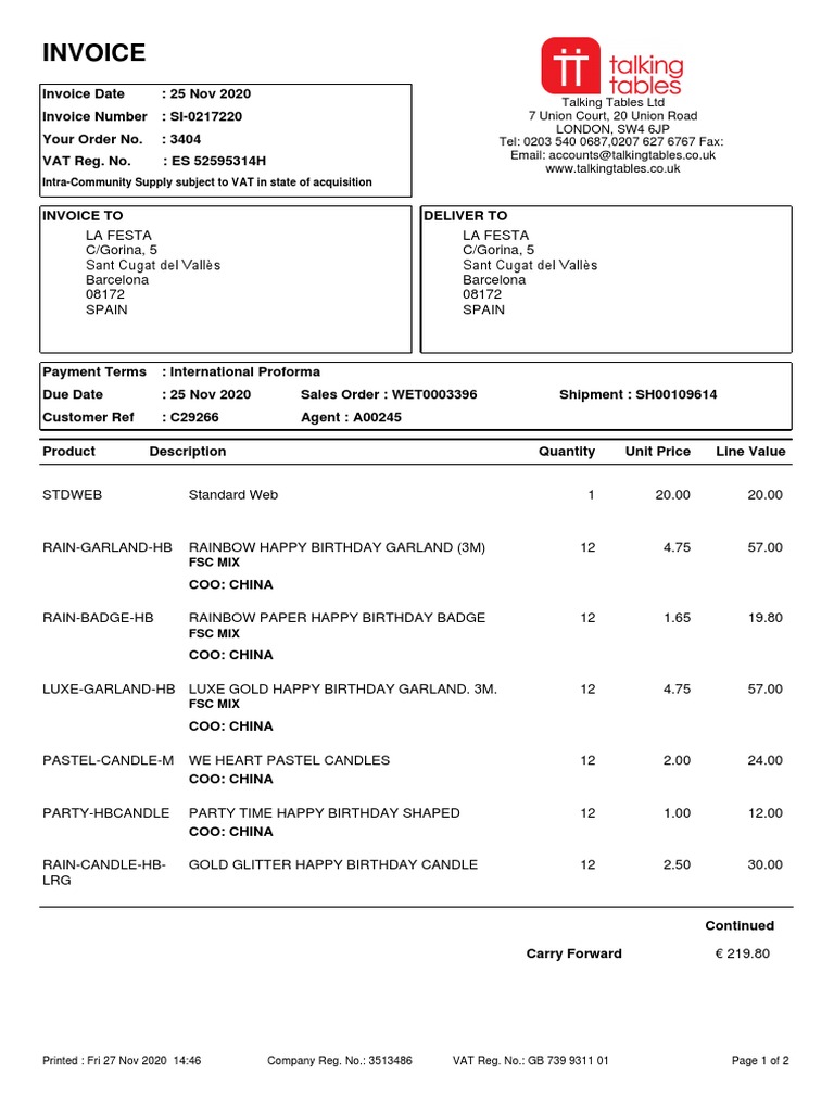 Party Supplies Invoice for La Festa | PDF | Invoice | Value Added Tax