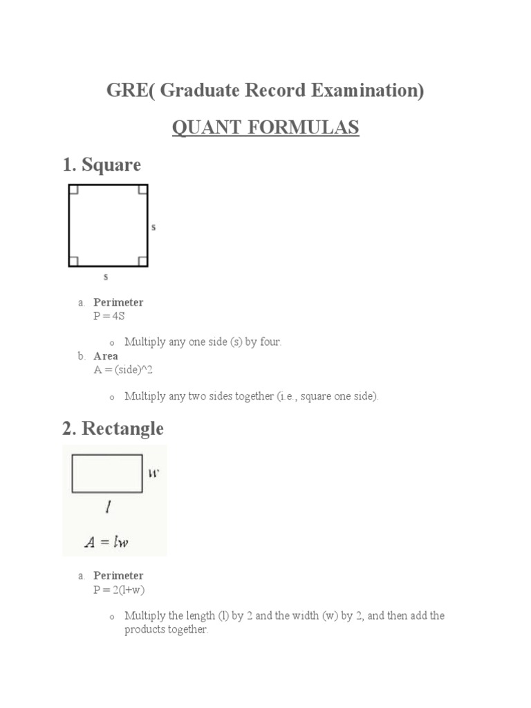 GRE (Graduate Record Examination) Quant Formulas 1. Square | PDF | Area ...
