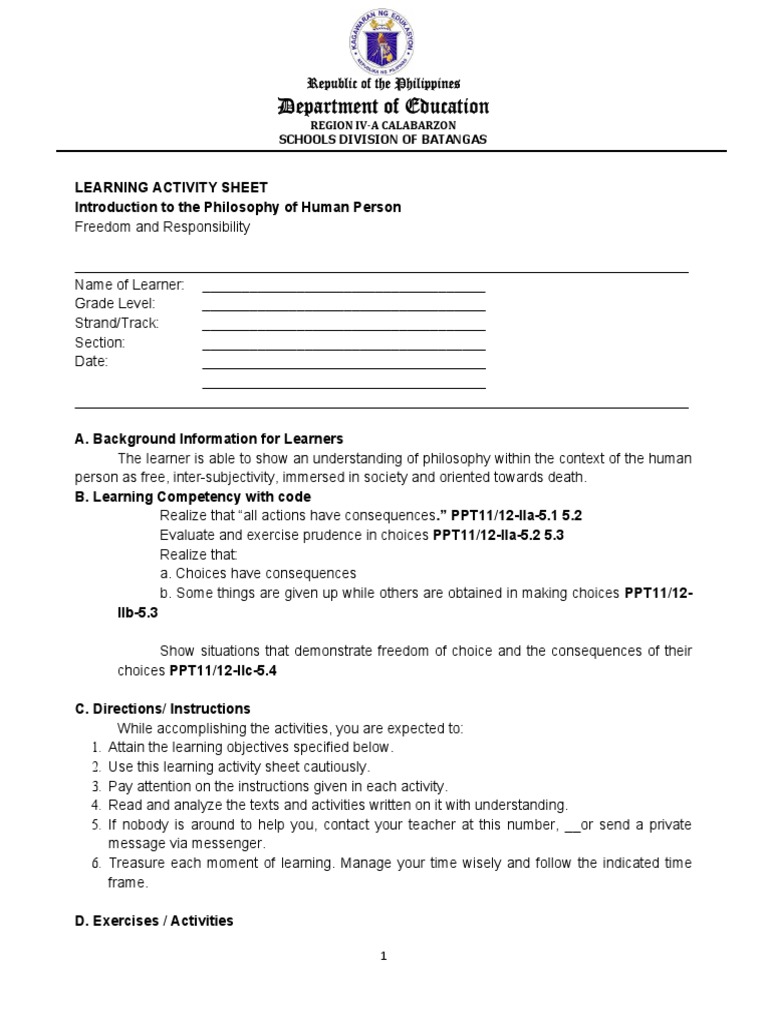 PHILO LAS 1 - Freedom and Responsibility | PDF | Free Will | Reason