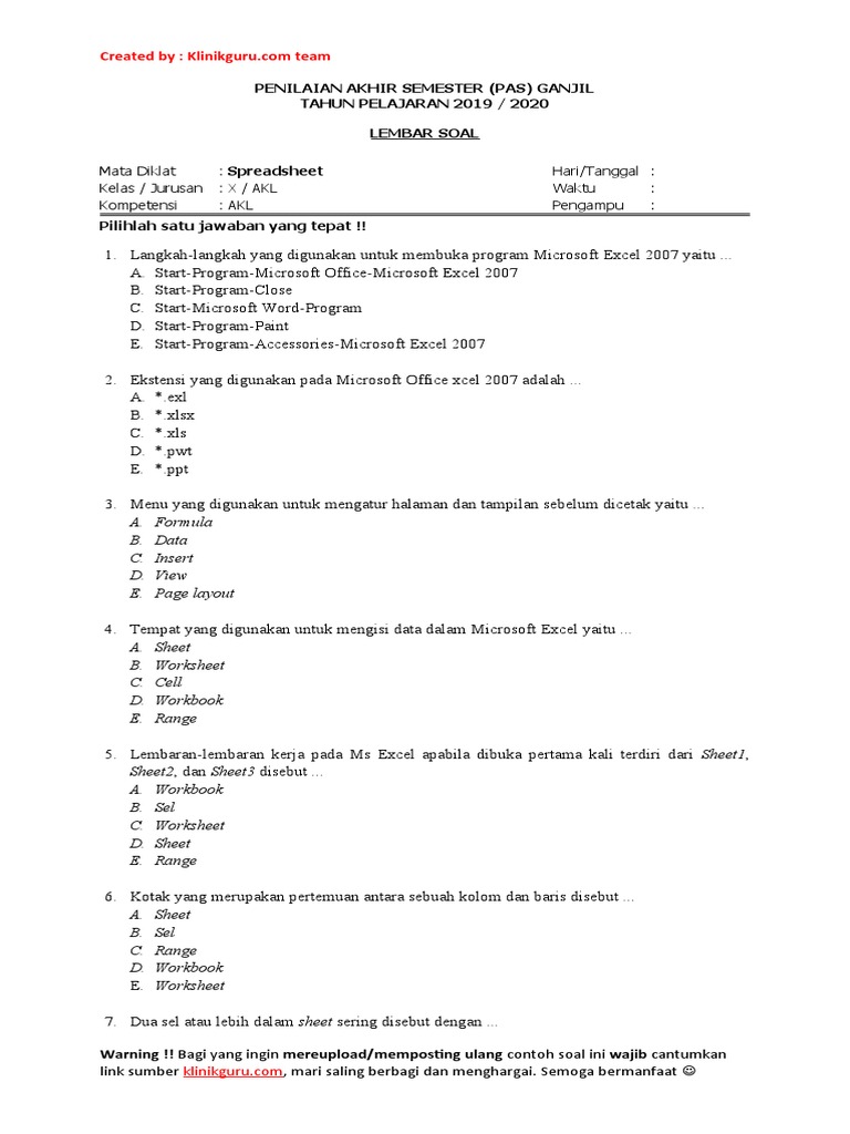 Pas 1 - Soal - Spreadsheet - X Akl | PDF