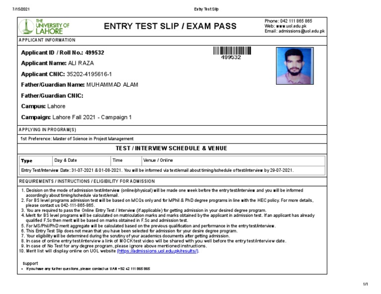 Entry Test Slip / Exam Pass: (Https://admissions - Uol.edu - Pk/results ...