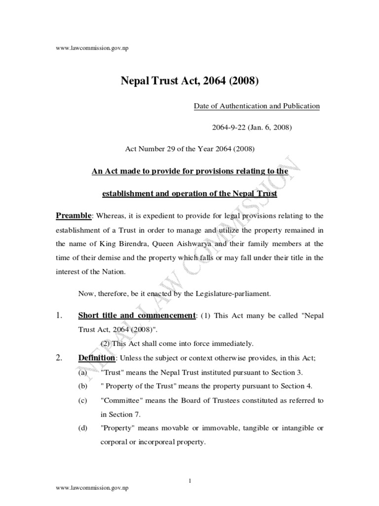 Nepal Trust Act 2064 2008 English | PDF | Trust Law | Chairman