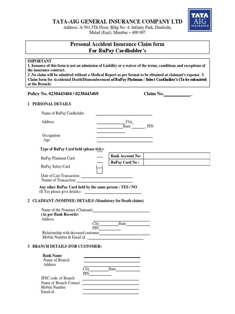 Tata-Aig General Insurance Company LTD: Policy No. 0238443404 / ...