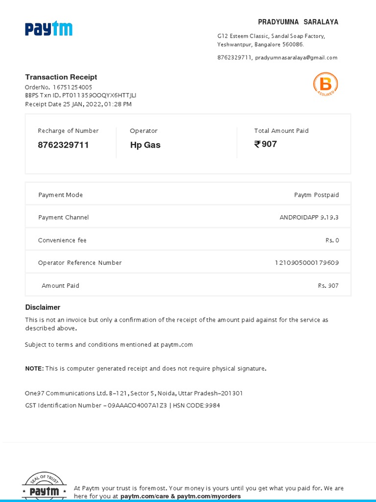 HP Gas 907: Transaction Receipt | PDF