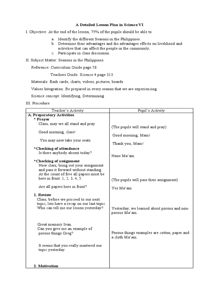 Detailed Lesson Plan: Seasons in the Philippines | PDF | Wet Season ...