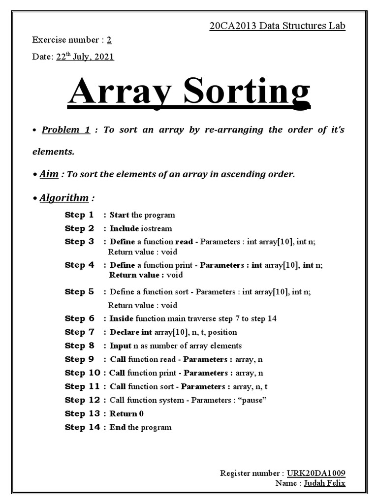 Exercise 2 Array Sorting Pdf Parameter Computer Programming Subroutine 