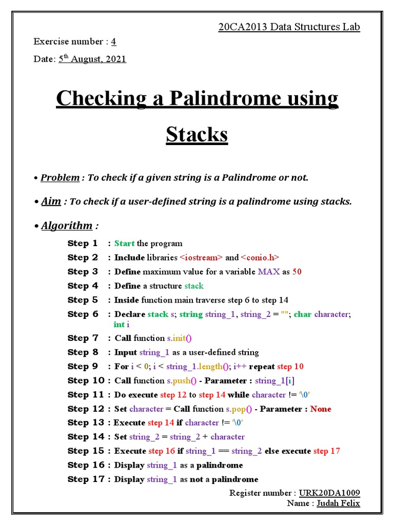 Exercise 4 - Checking A Palindrome Using Stacks | PDF | Subroutine | Parameter (Computer ...