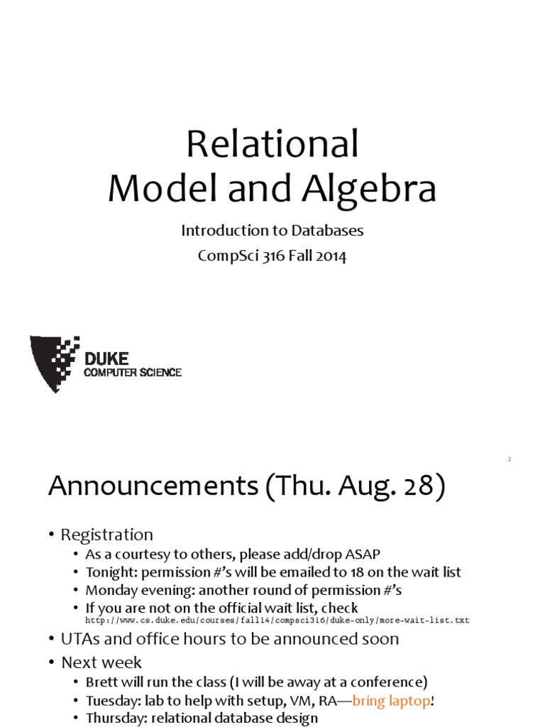 Relational Model and Algebra: Introduction To Databases Compsci 316 Fall 2014 | PDF | Relational ...