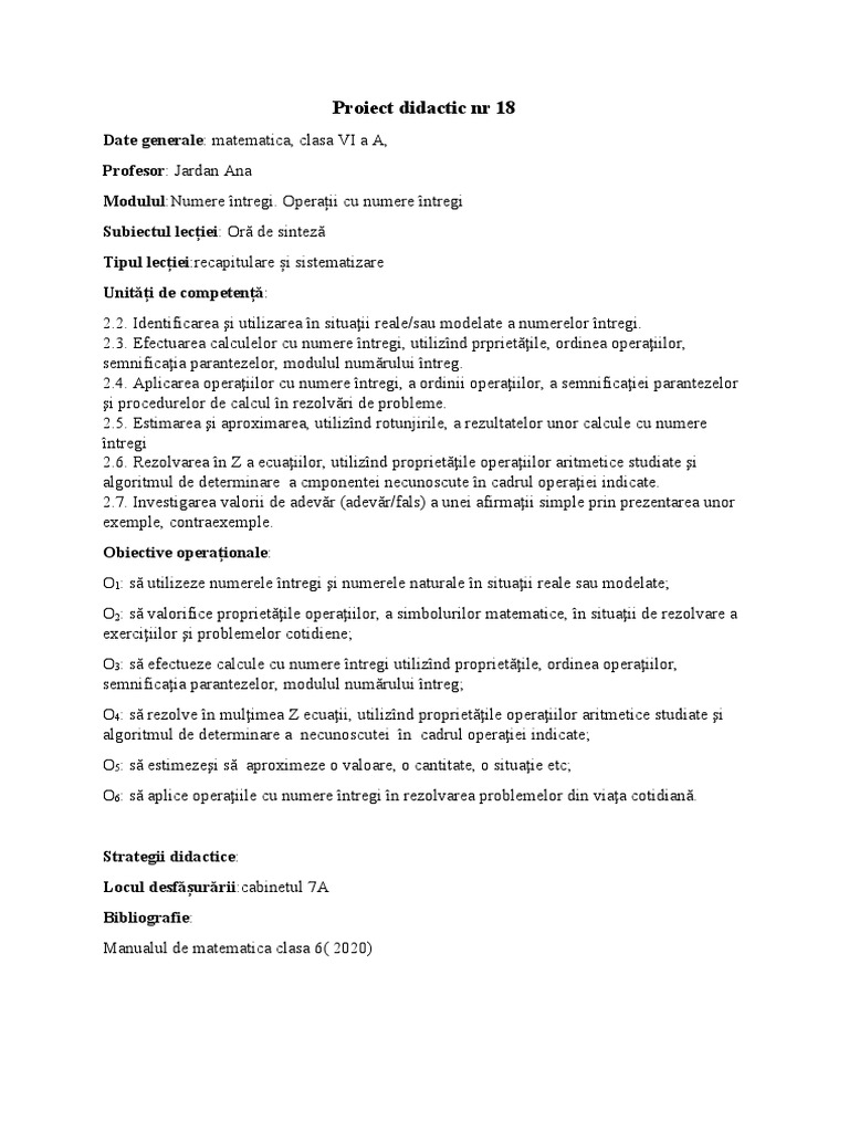 Proiect Didactic Lectie Deschisa - Clasa 6 | PDF