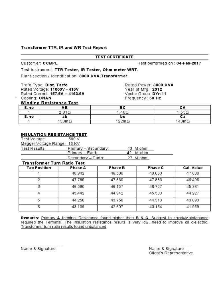 Transformer TTR, IR and WR Test Report | PDF | Transformer | Metrology