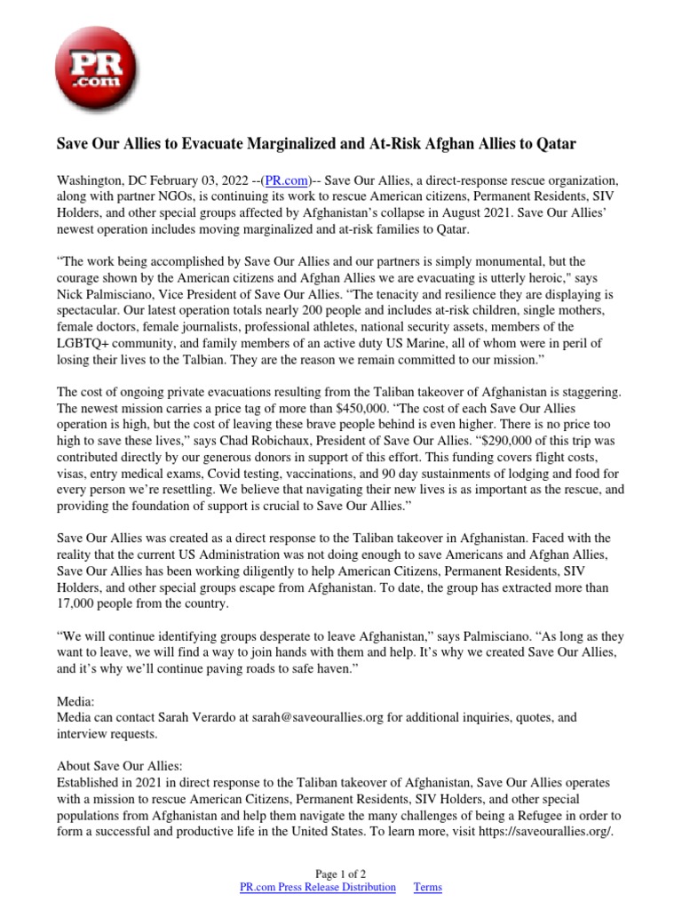 Save Our Allies To Evacuate Marginalized and At-Risk Afghan Allies To ...