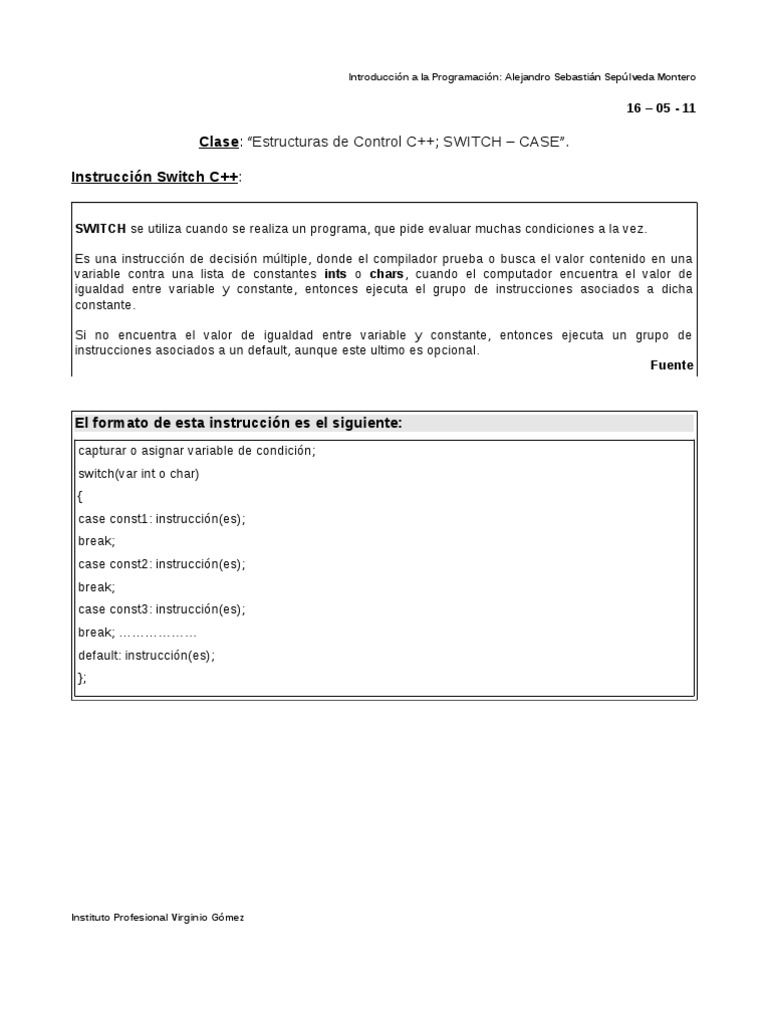 Intro Programacion - Estructuras de Control (SWITCH - CASE) | PDF | C ++ | Flujo de control
