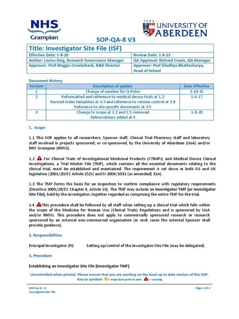 SOP-QA-8 V3 Title: Investigator Site File (ISF) | PDF | Medicine ...