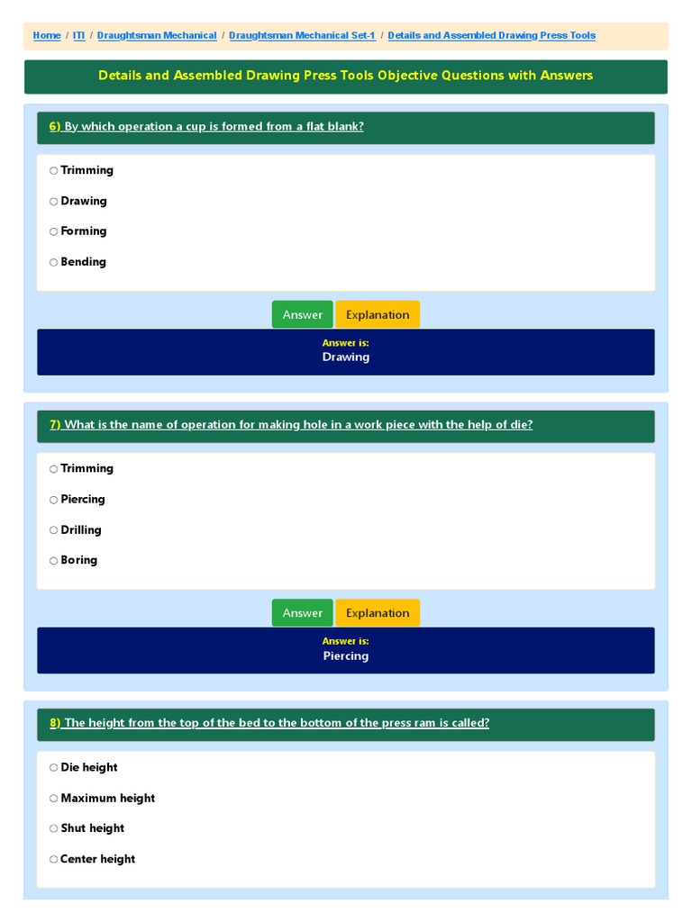 Details and Assembled Drawing Press Tools Objective Questions With ...
