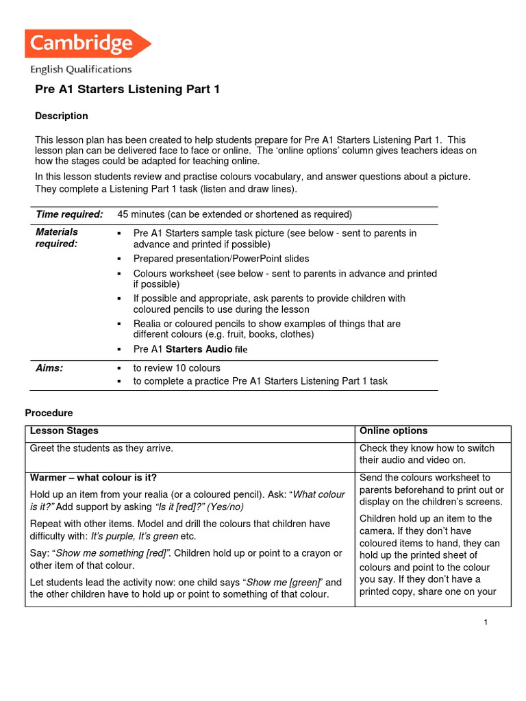 Pre A1 Starters Listening Part 1: Description | PDF | Lesson Plan ...