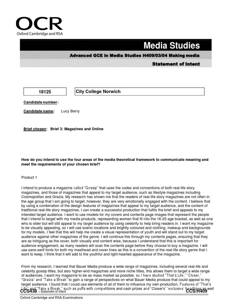 A Level Media Studies Statement of Intent Form Ocr | PDF | Magazines ...