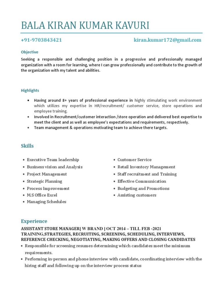 Kiran CV PDF | PDF | Recruitment | Retail