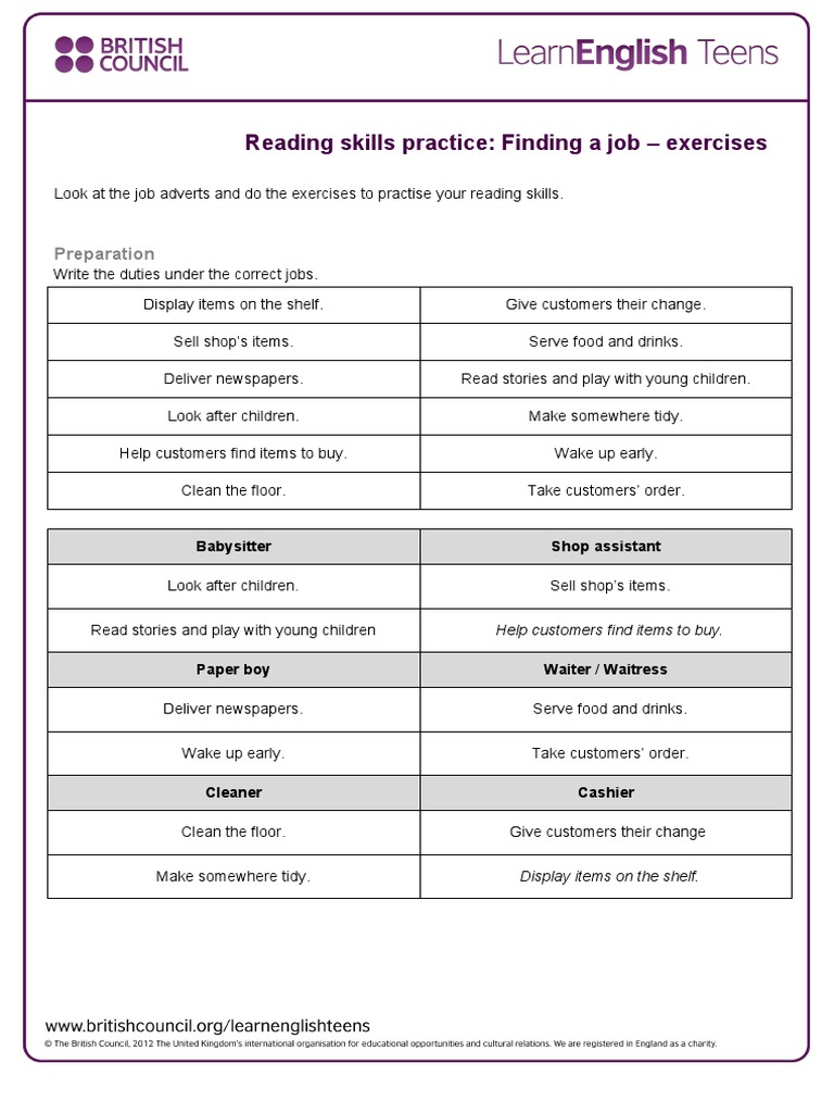 Reading Skills Practice: Finding A Job - Exercises: Preparation | PDF ...