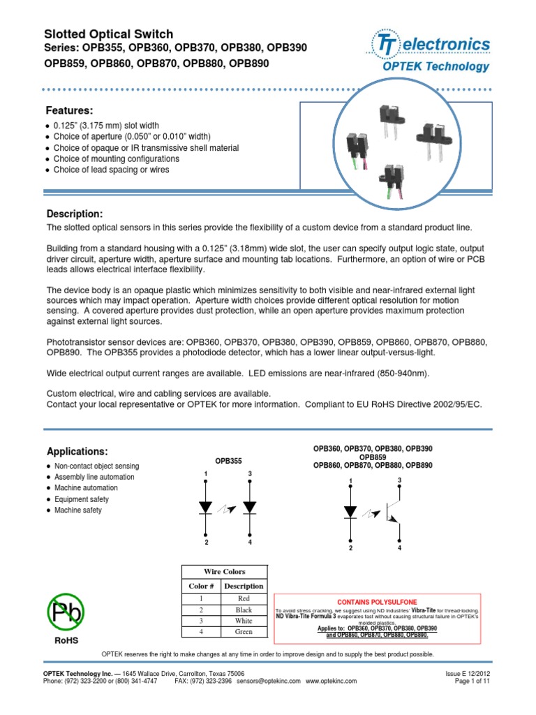 Slotted Optical Switch: Series: OPB355, OPB360, OPB370, OPB380, OPB390 ...
