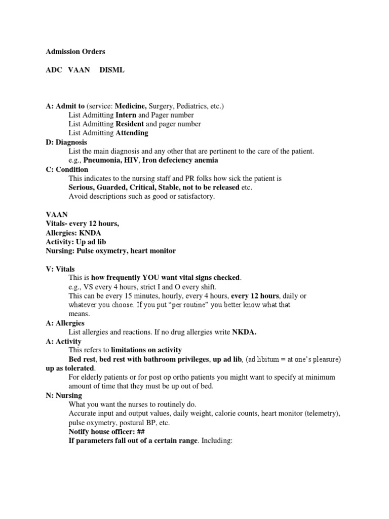 Admission Orders | PDF | Intravenous Therapy | Clinical Medicine