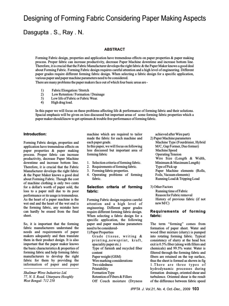 Designing of Forming Fabric Considering Paper Making Aspects | PDF ...