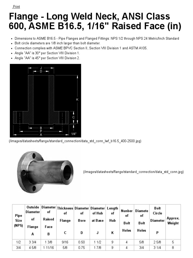 Flange - Long Weld Neck, ANSI Class 600, ASME B16.5, 1 - 16 - Raised ...