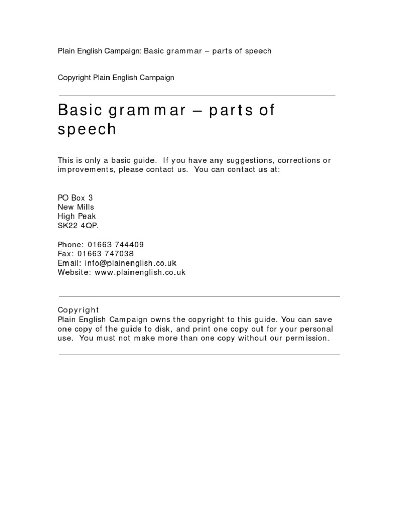 Basic Grammar Parts of Speech PDF Guide | PDF | Noun | Adverb